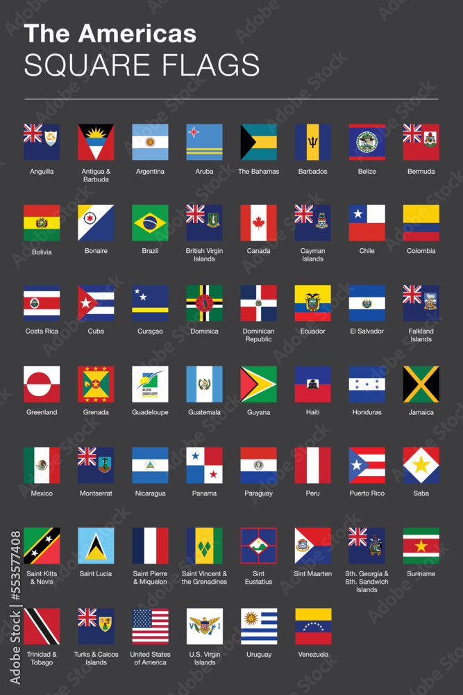 Square flags of North and South America | Icon vector set | includes ...