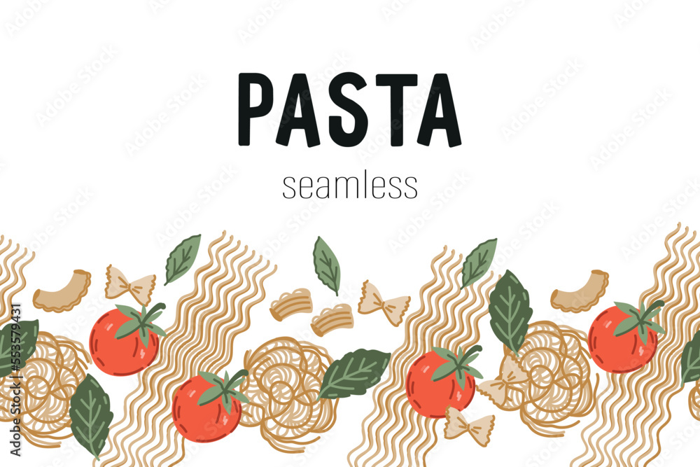 Seamless italian pasta and noodles, macaroni border design, hand drawn ...