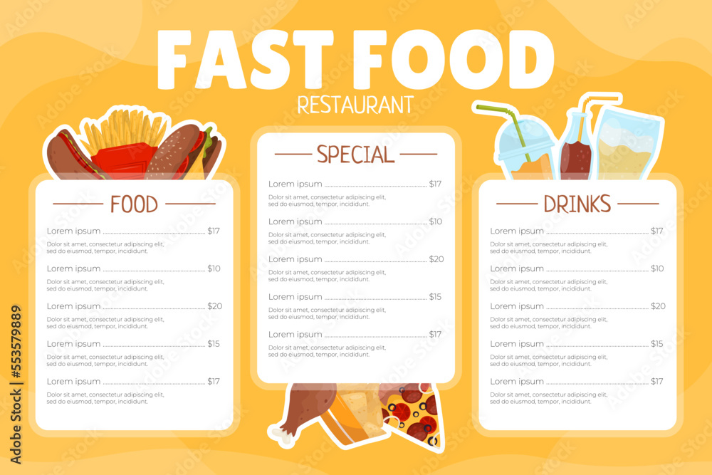 Tasty Fast Food Menu Card Design with Price List Vector Template Stock ...