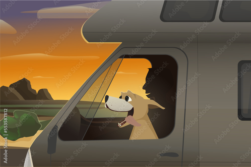A dog with a man rides in a motor home. On vacation outdoor recreation ...