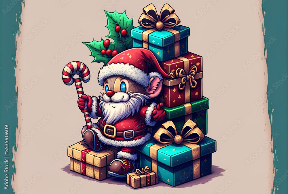 Santa Claus, a stack of toys, a mouse, and gift boxes are part of a set ...