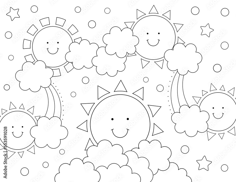 cloud, sun and rainbow coloring page for kids. you can print it on ...