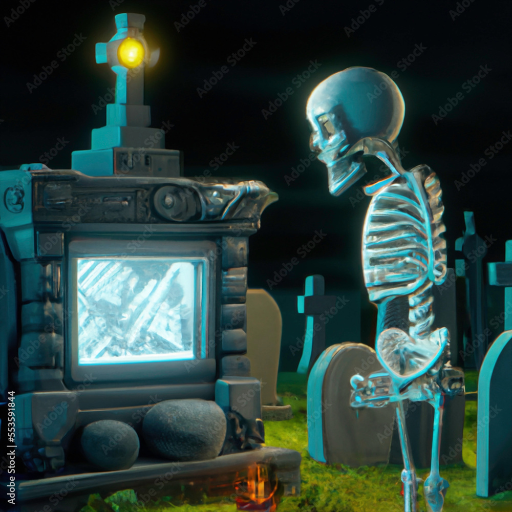 Human skeleton watches bright TV embedded in large memorial gravestone ...