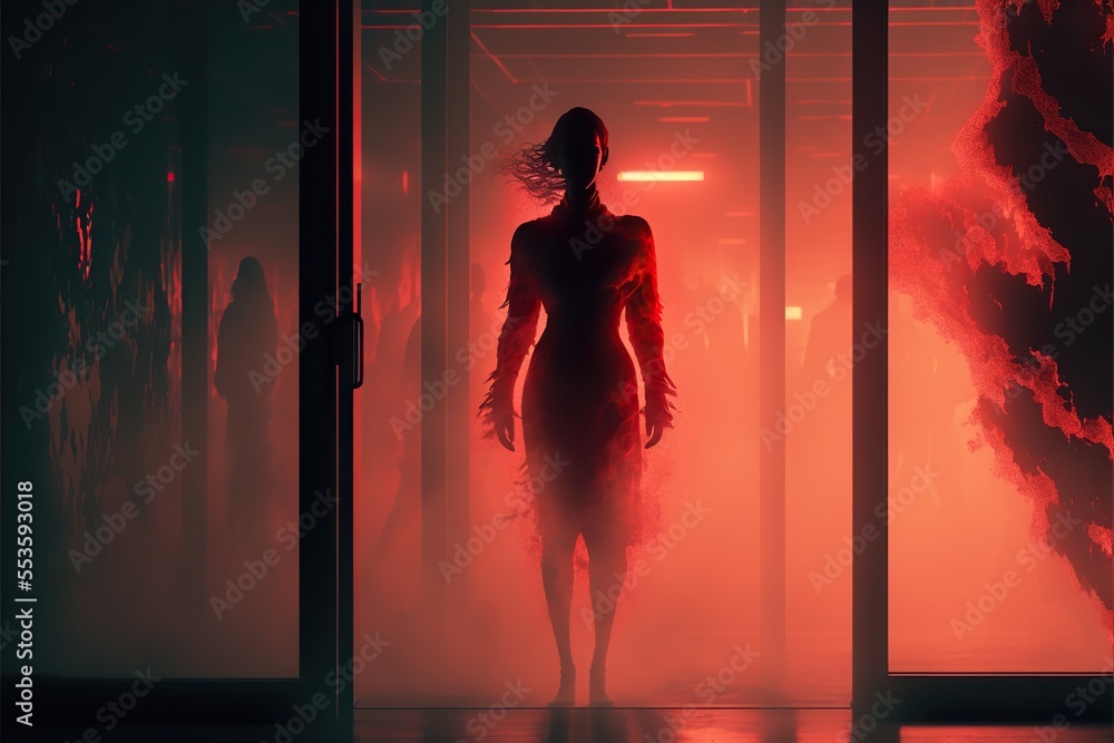 Shadow of woman on the red gfrosted lass representing danger, fear ...