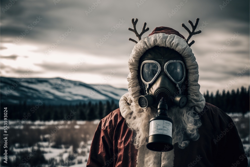Santa Claus in hazmat suit and gas mask in the Norwegian wilderness ...