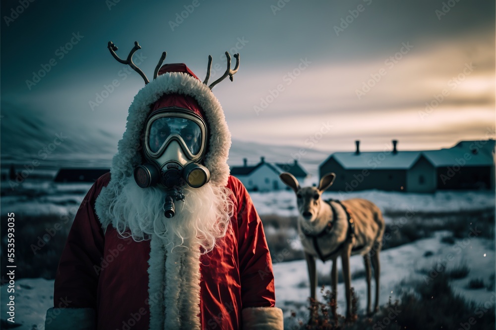 Santa Claus in hazmat suit and gas mask in the Norwegian wilderness ...