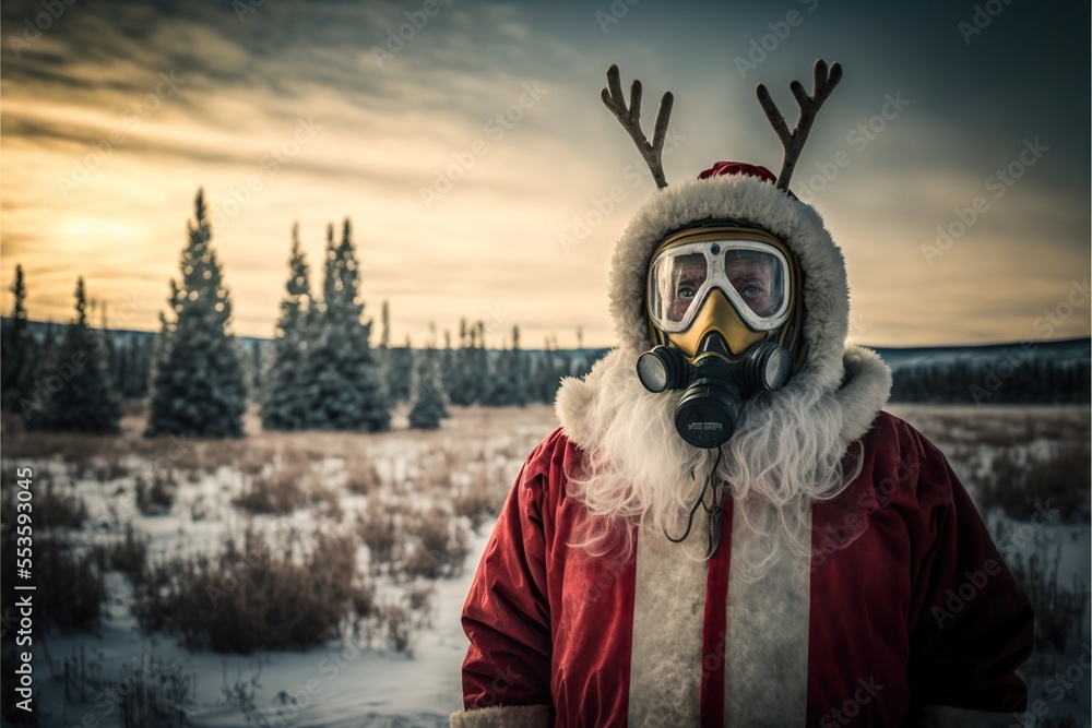 Santa Claus in hazmat suit and gas mask in the Norwegian wilderness ...