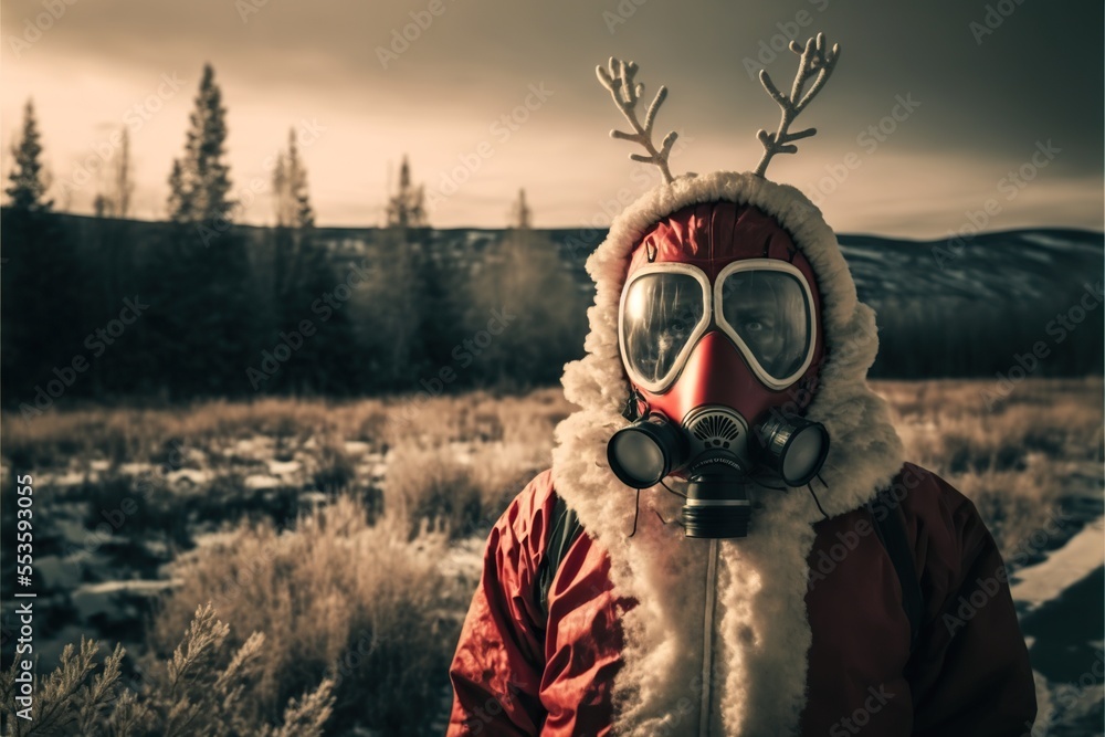 ภาพประกอบสต็อก Santa Claus in hazmat suit and gas mask in the Norwegian ...