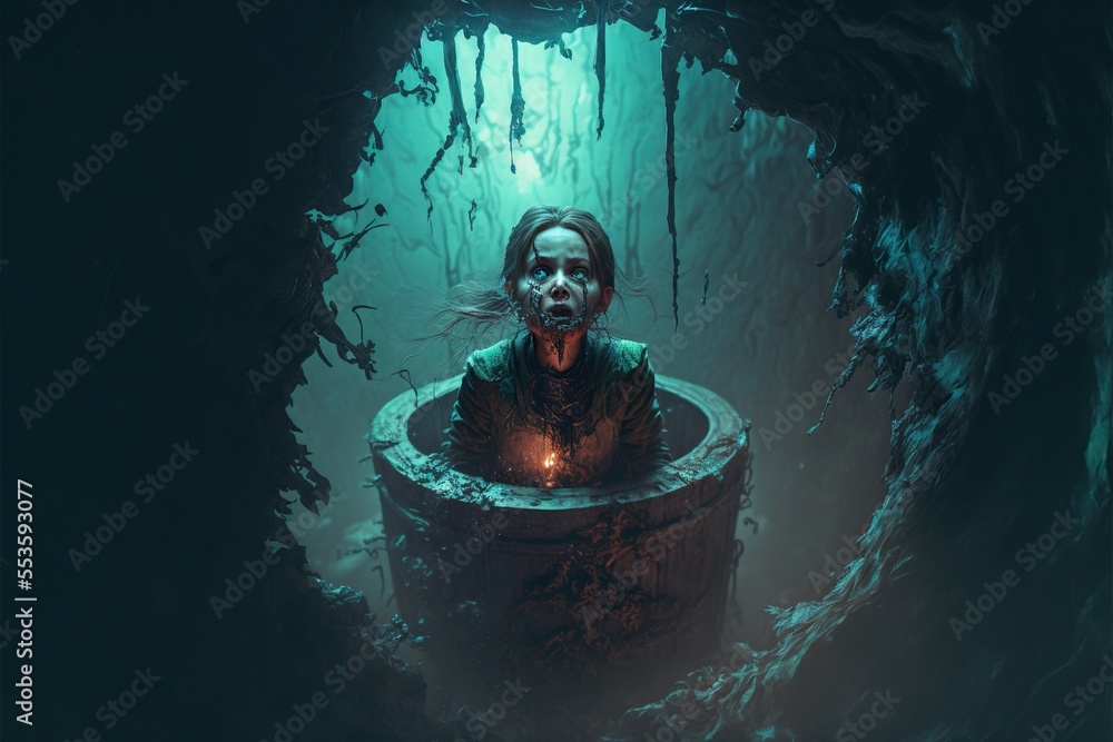 Scary horror concept, dead zombie girl climbs out of deep dark well in ...