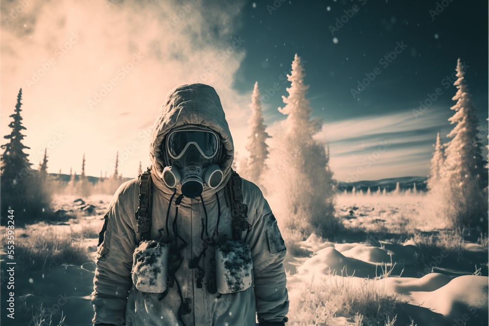 Arctic researcher in hazmat suit and gas mask, apocalypse concept ...