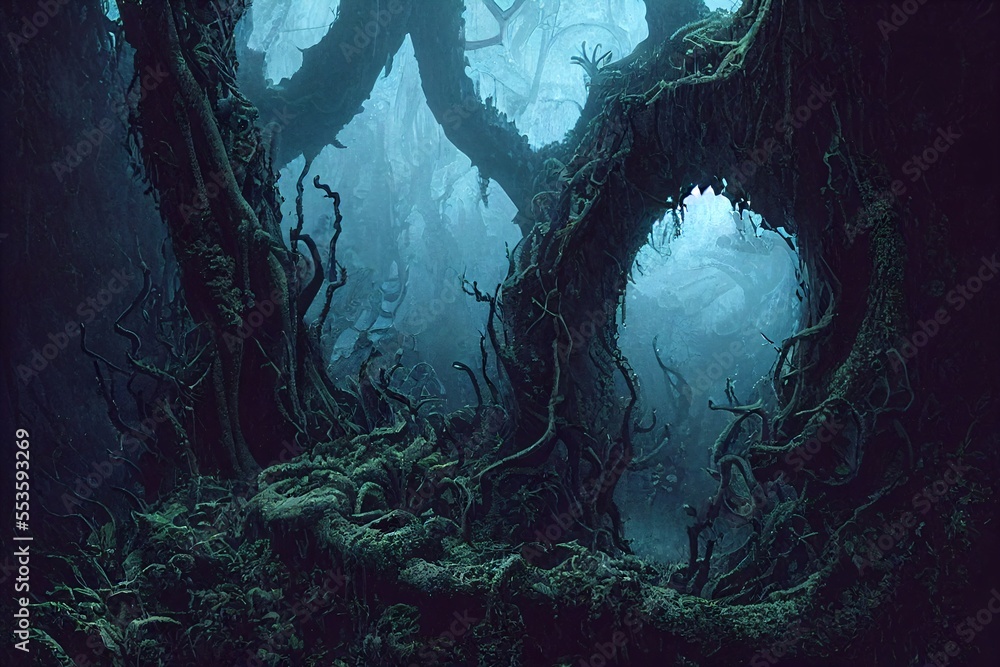 mystic alien forest with mysterious plants, spooky magic trees, mystery ...