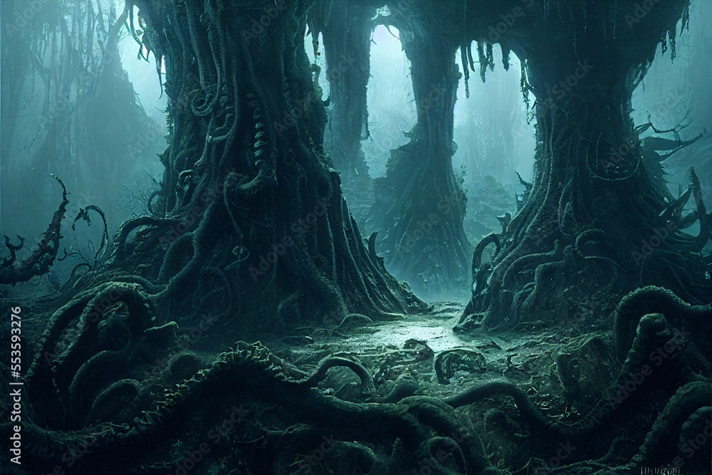 mystic alien forest with mysterious plants, spooky magic trees, mystery ...