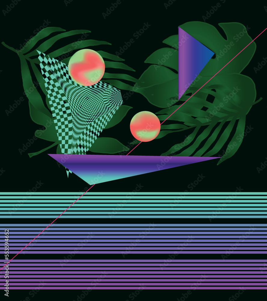 postmodernism background with tropical leaves, gradients elements Stock ...