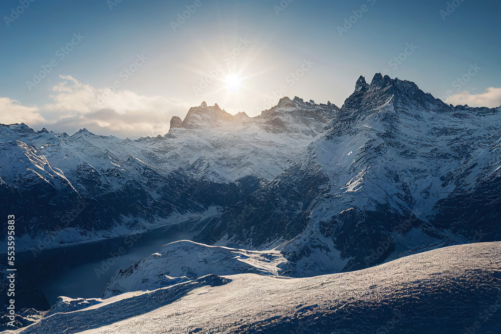 Idyllic alpine mountain landscape with glacier in bright sunlight ...