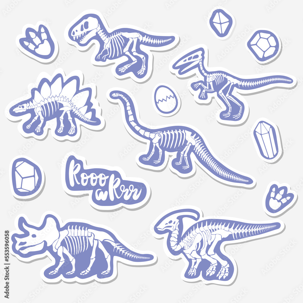 Vector sticker set with dinosaur skeleton isolated on a white ...