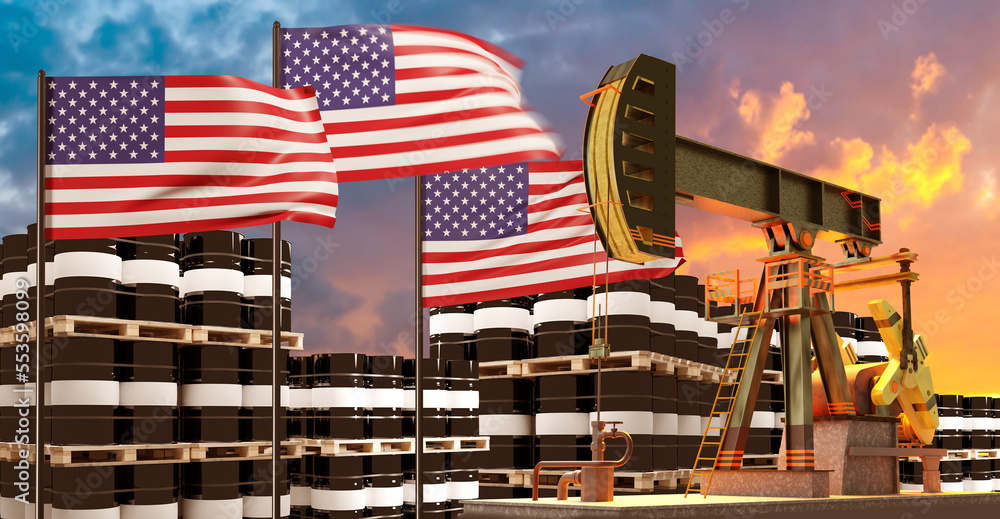 Oil production in USA. American flags near oil pump. Fuel barrels are ...