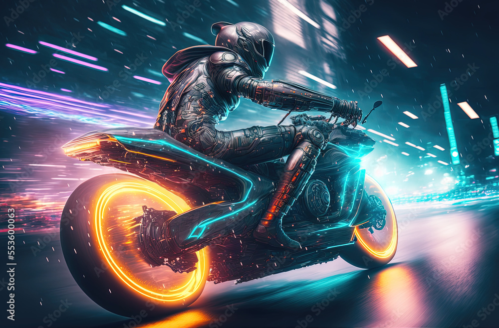 Cyberpunk designed motorcycle with furious rider at high speed night ...