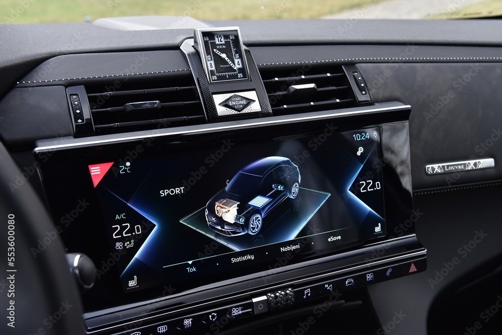 DS 7 Crossback Louvre E-Tense 4x4. Plug-in hybrid car. Cabin interior ...