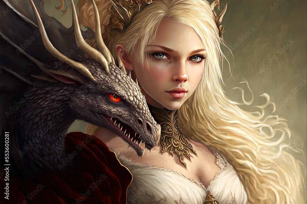 Beautiful woman with blond hair and her dragon pet, fantasy creature ...