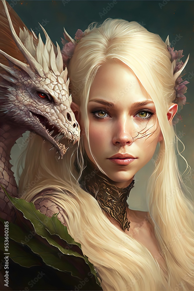 Beautiful woman with blond hair and her dragon pet, fantasy creature ...