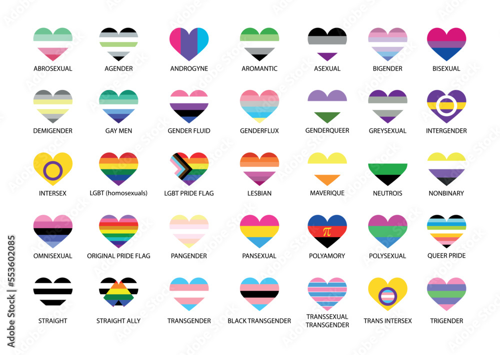 Large Set Of Lgbtq Flags In Heart Shape Lgbt Pride Month Illustrations