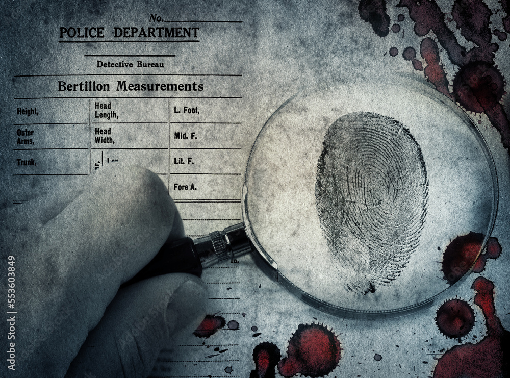 Foto de The detective examines a fingerprint, a drop of blood. Overlay ...