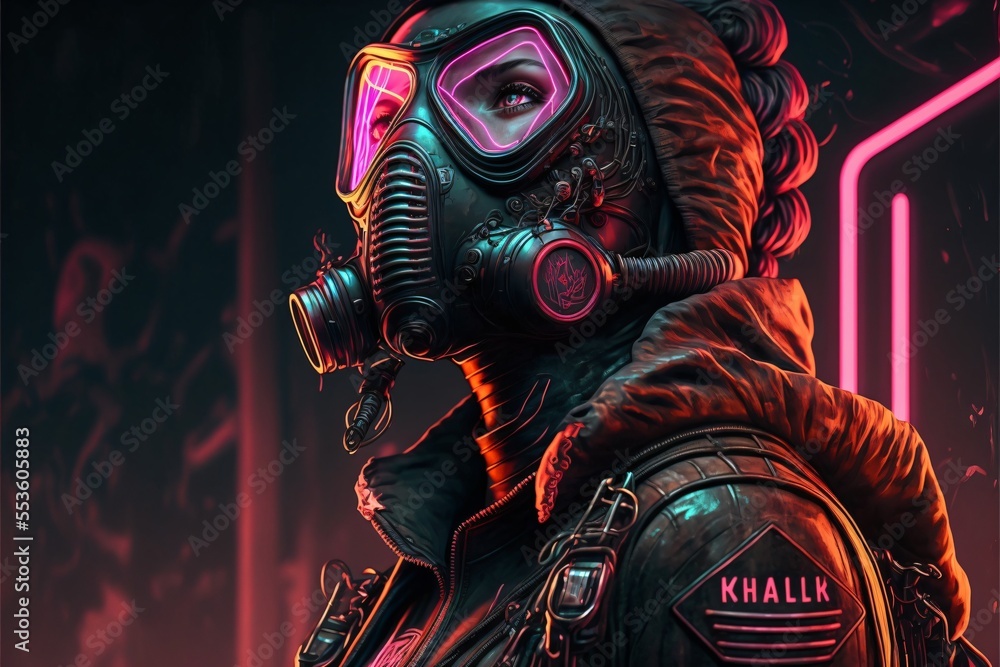 cyberpunk girl in leather hoodie with gas mask, night city light bokeh ...