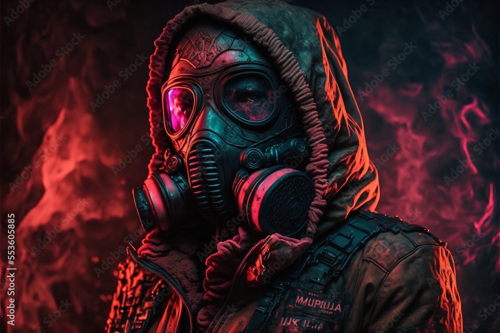 cyberpunk girl in leather hoodie with gas mask, night city light bokeh ...