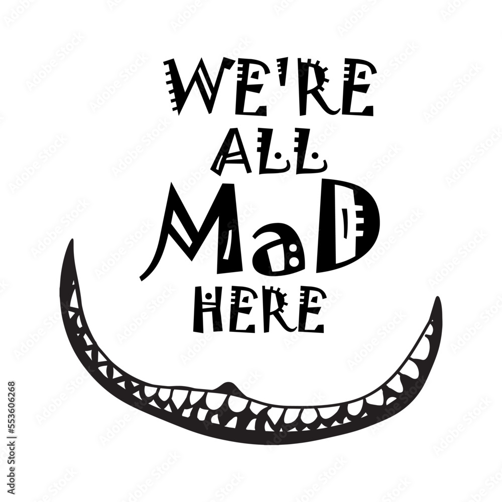 Cheshire cat smile, grin with teeth black silhouette with text. Vector ...