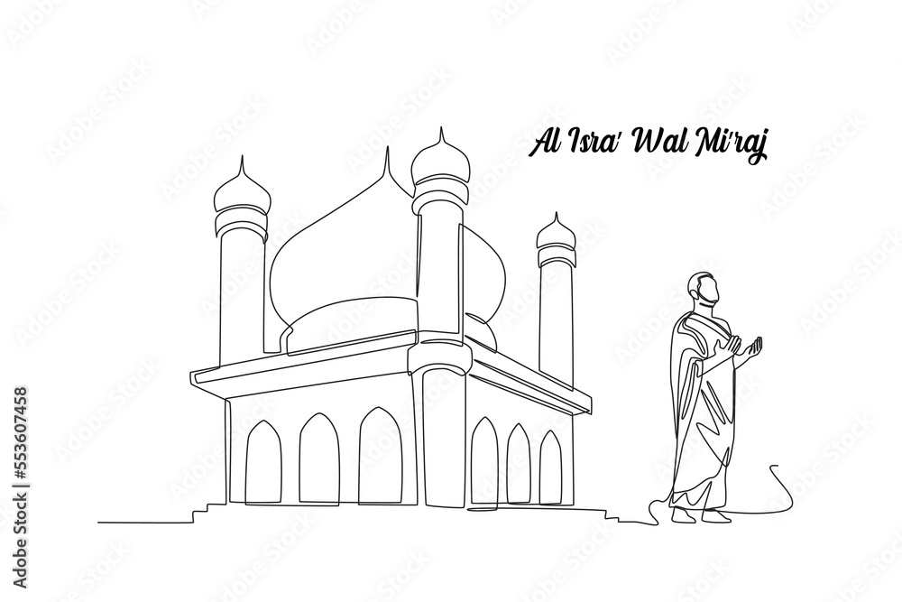 Continuous one line drawing a muslims in ihram praying to god with ...