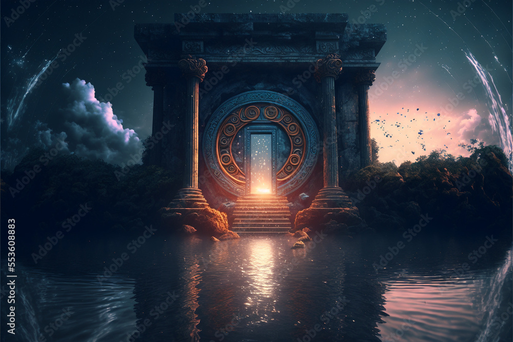 the light of evden a portal ancient gate in the middle of the waters ...