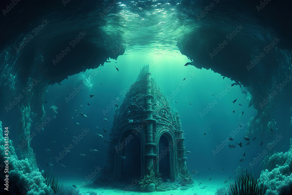 Underwater ancient city in the depths of the ocean. Atlantis lost world ...
