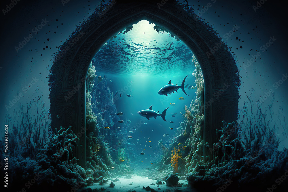 Underwater ancient city in the depths of the ocean. Atlantis lost world ...