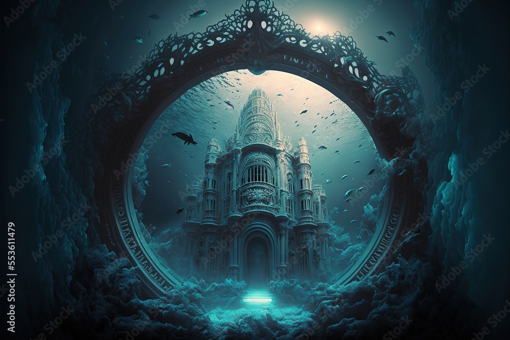 Underwater ancient city in the depths of the ocean. Atlantis lost world. ancient sunken ...