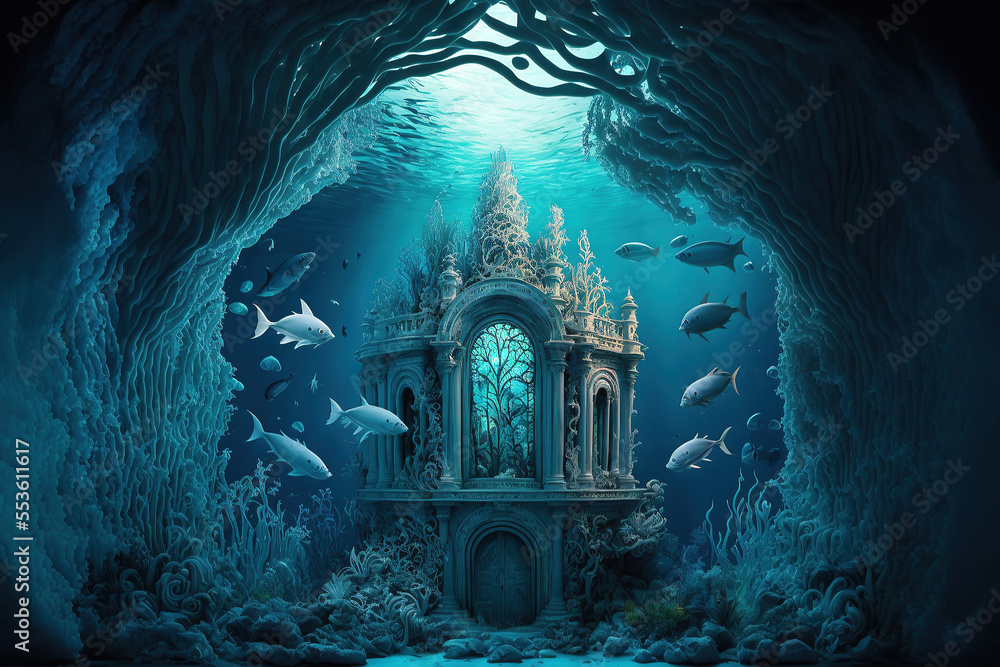 Underwater ancient city in the depths of the ocean. Atlantis lost world. ancient sunken ...