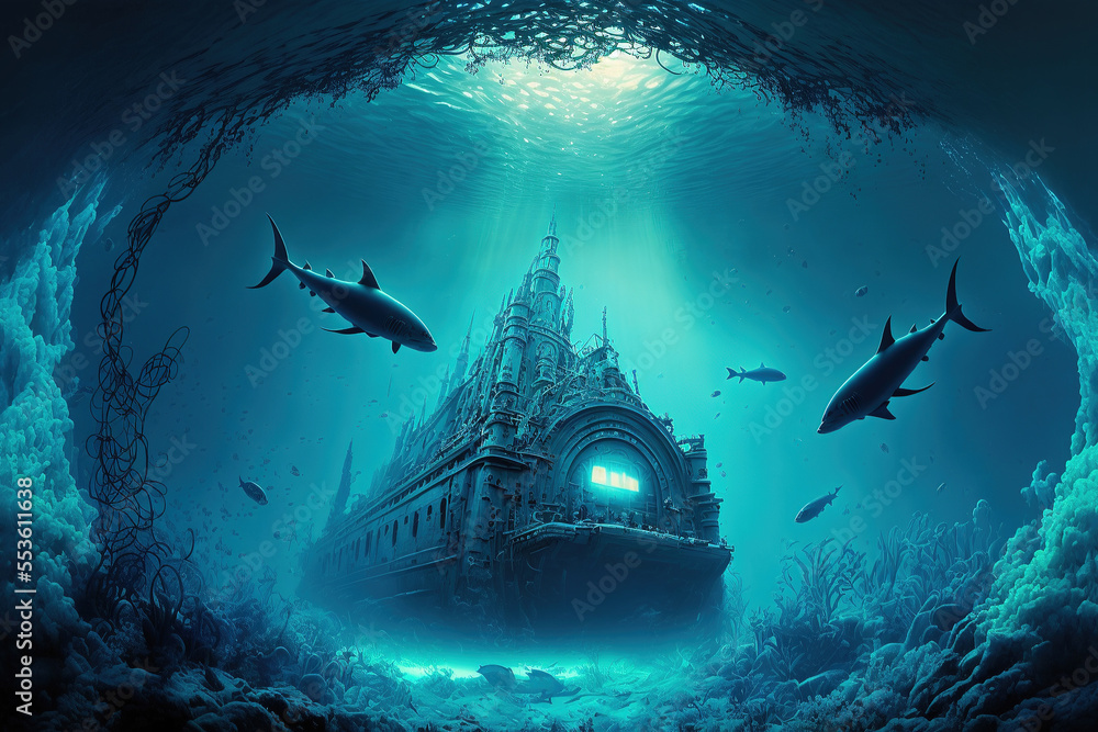 Underwater ancient city in the depths of the ocean. Atlantis lost world ...