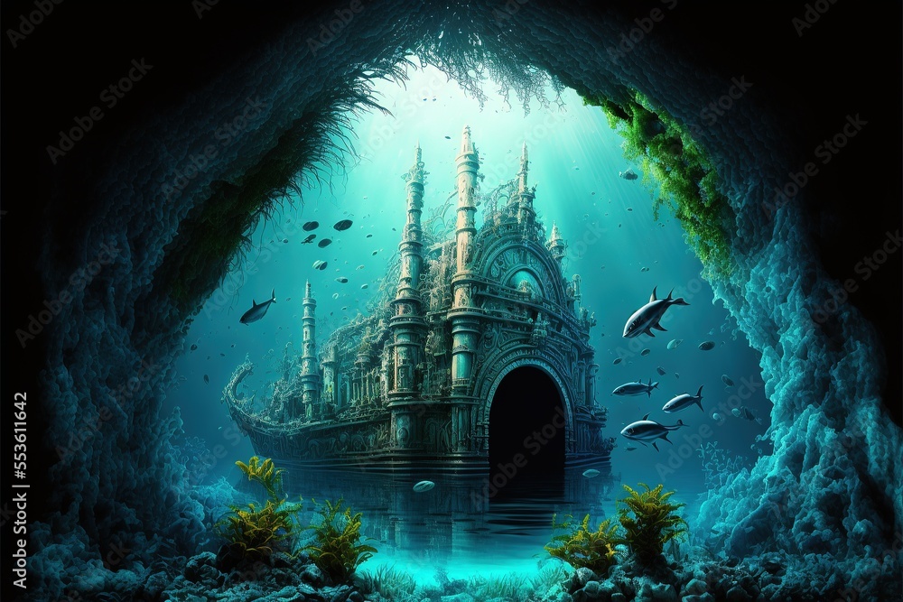 Underwater ancient city in the depths of the ocean. Atlantis lost world ...