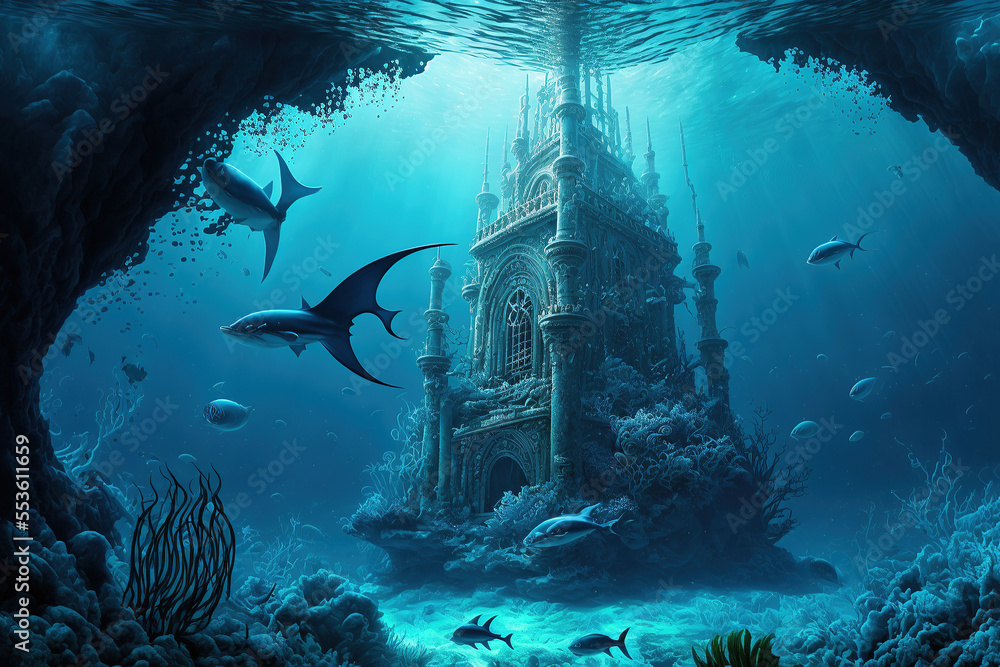 Underwater ancient city in the depths of the ocean. Atlantis lost world. ancient sunken ...