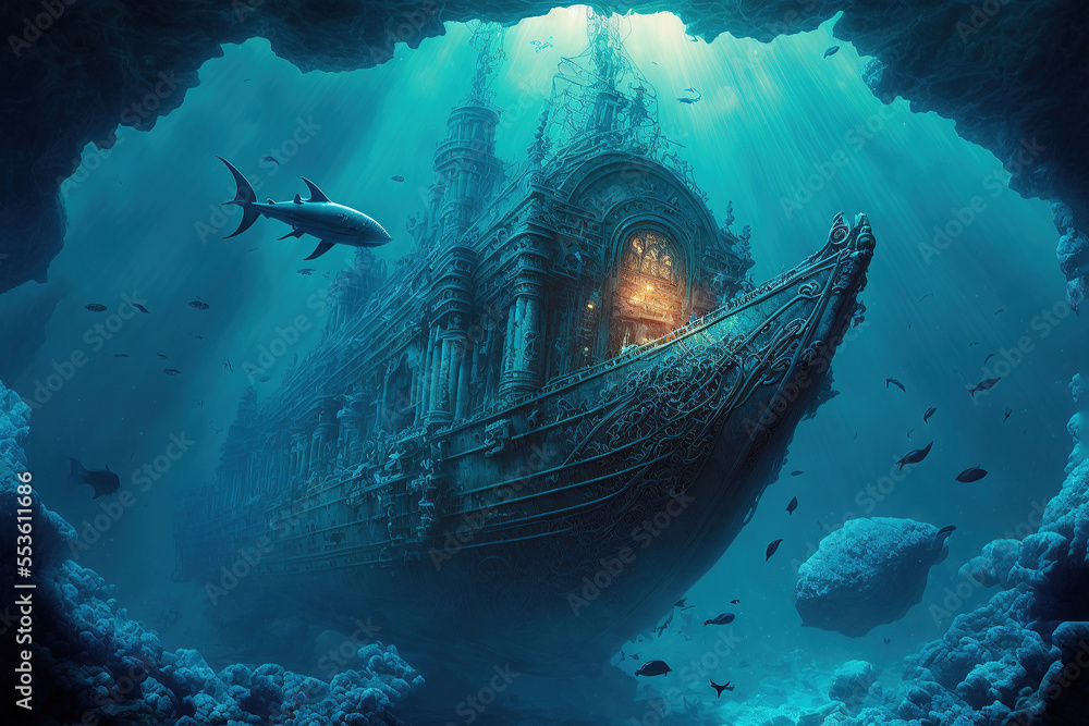 Underwater ancient city in the depths of the ocean. Atlantis lost world ...