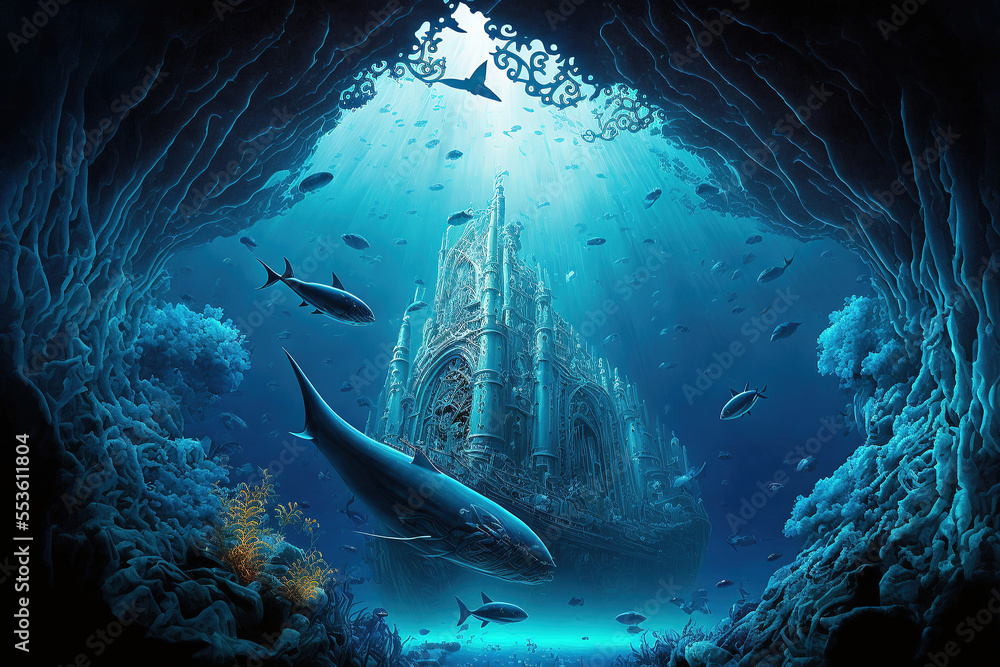 Underwater ancient city in the depths of the ocean. Atlantis lost world. ancient sunken ...