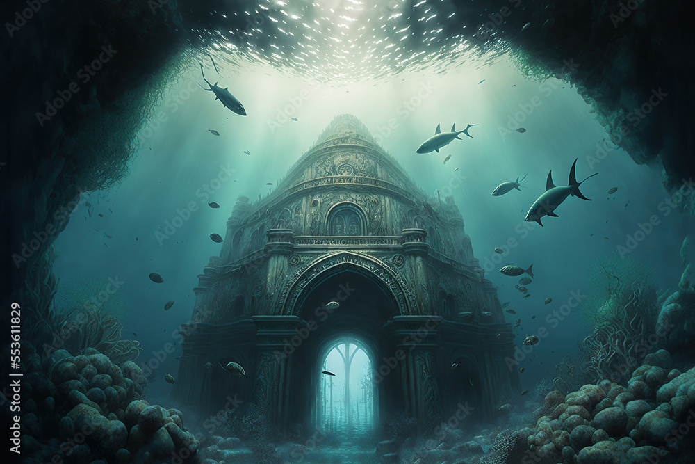 Underwater ancient city in the depths of the ocean. Atlantis lost world. ancient sunken ...