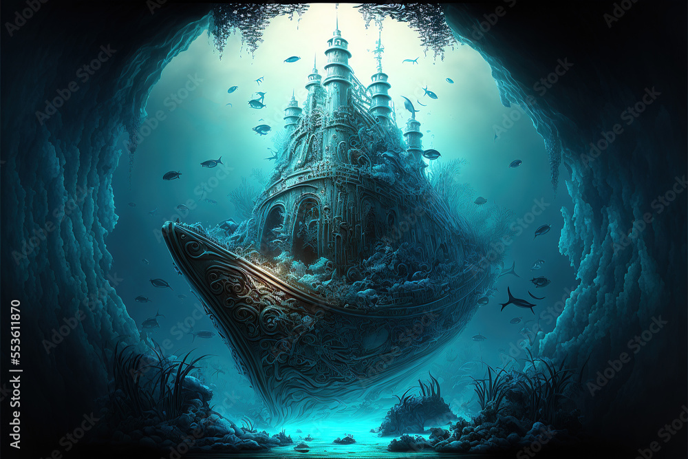 Underwater ancient city in the depths of the ocean. Atlantis lost world ...