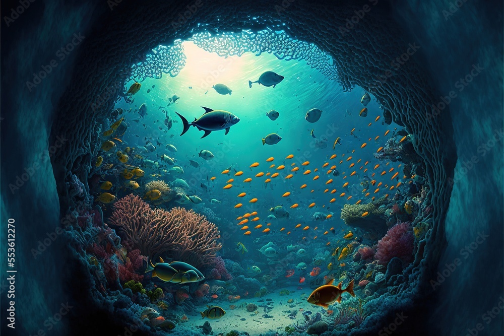 Underwater world at the depth of the ocean. Underwater gorges and ...
