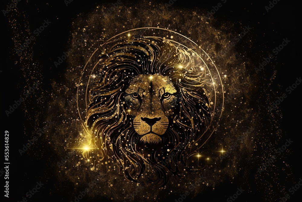 Gold confetti and the zodiac sign of Leo on a black backdrop; this is ...