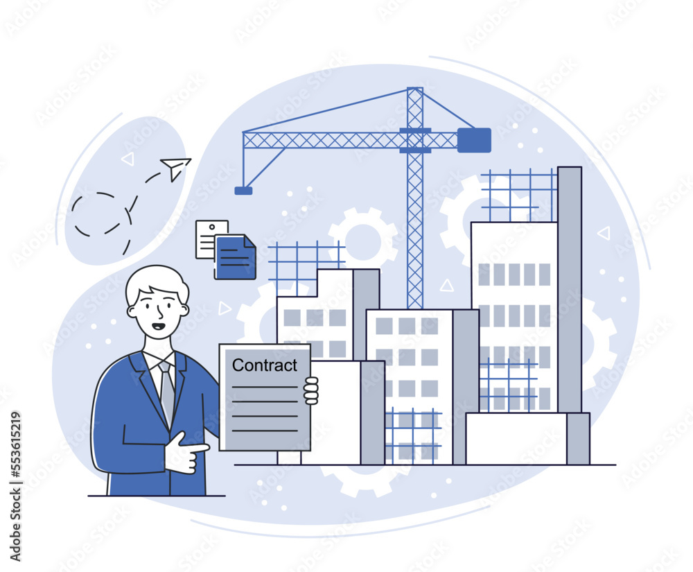 Civil engineer concept. Young guy with contract on background of ...