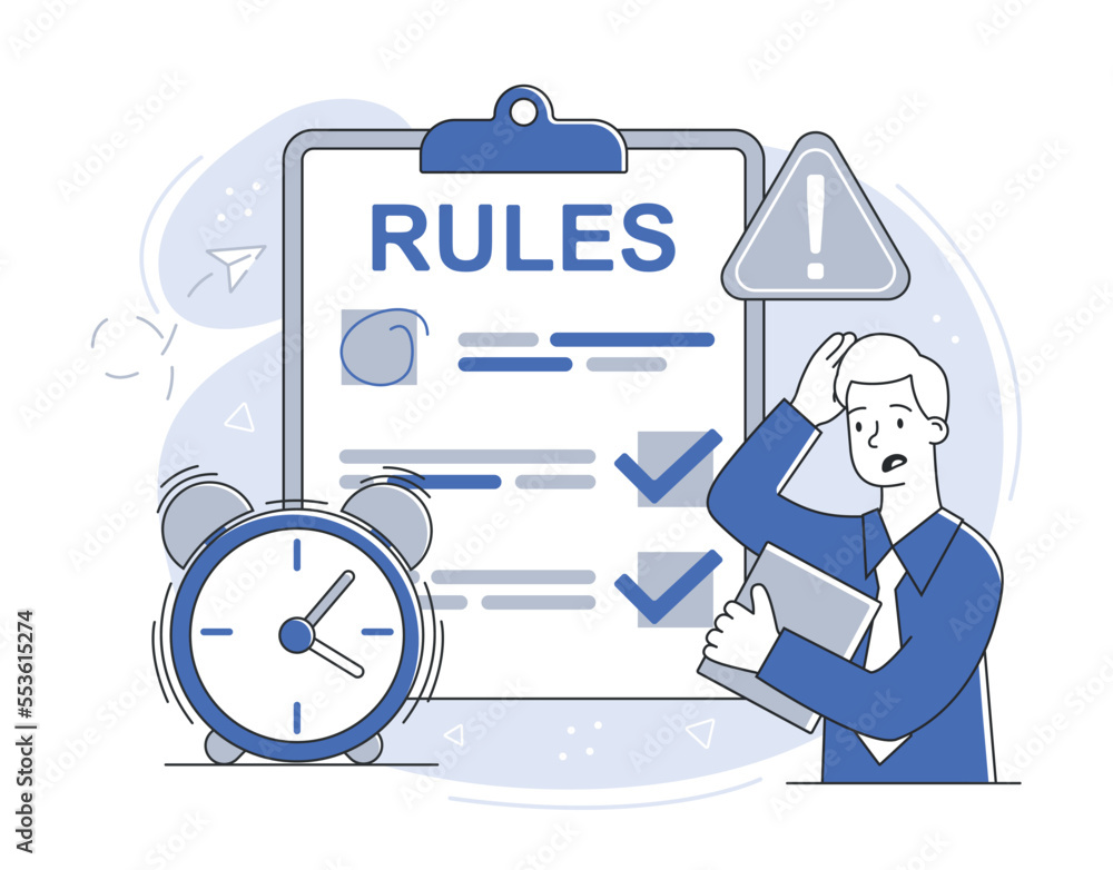 Compliance engineer concept. Man looks at rules and at time ...