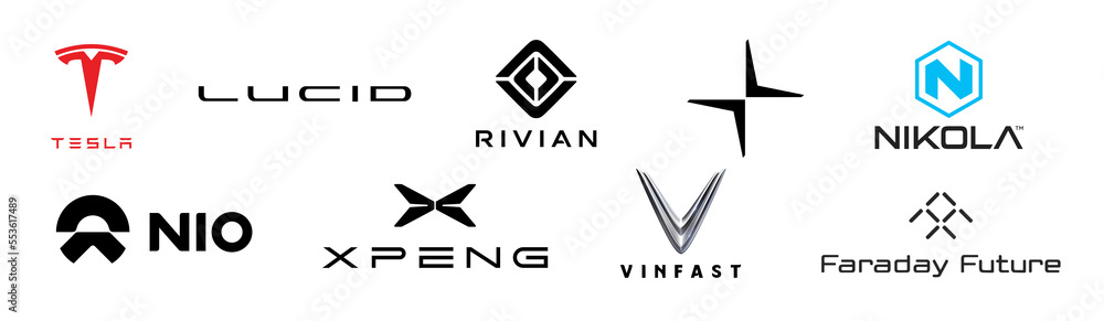 Electric Automotive Car Logo Collection. Tesla, Lucid, Rivian, Polestar ...
