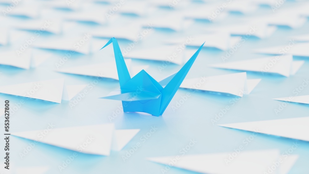 Origami of blue crane and many white airplanes on soft blue board under ...