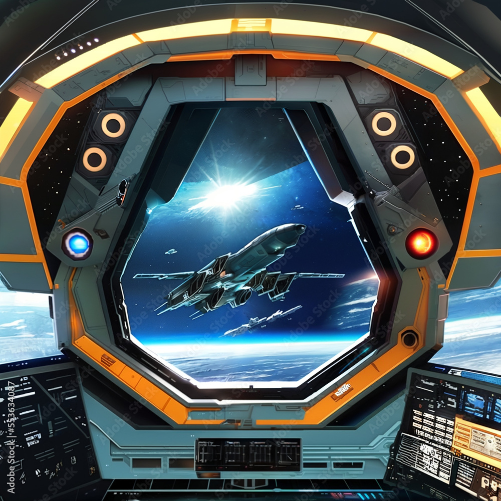 Sci-fi viewscreen displaying a spaceship, made with AI, artificial ...