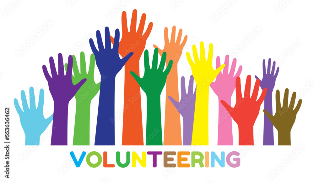 Colored volunteer crowd hands. Hand drawing lettering Volunteering ...
